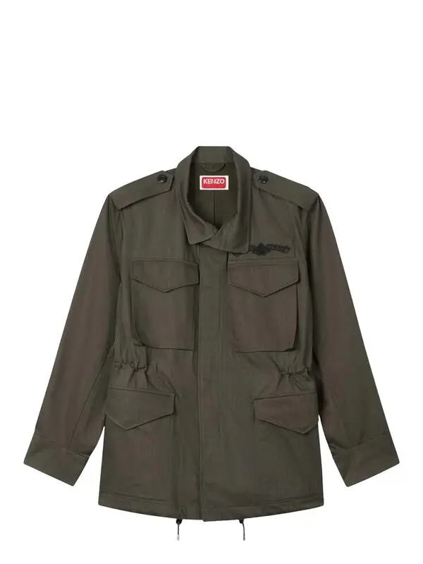 Kenzo Emblem Cotton Herringbone Military Jacket - Gray