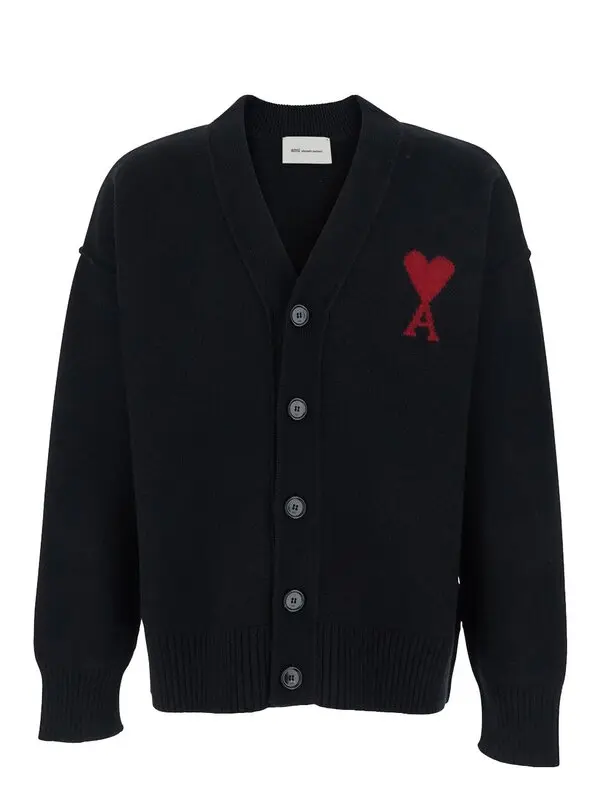 AMI Paris Wool V-neck Cardigan With Adc Embroidery - Black