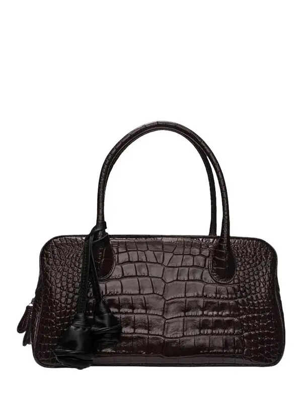 Magda Butrym Brigitte Bag In Dark Crocodile-embossed Leather With Flower Charm - Brown