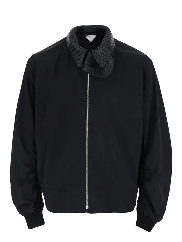 Bottega Veneta Black Tech Fabric Jacket With Intrecciato Leather Collar - Multicolor