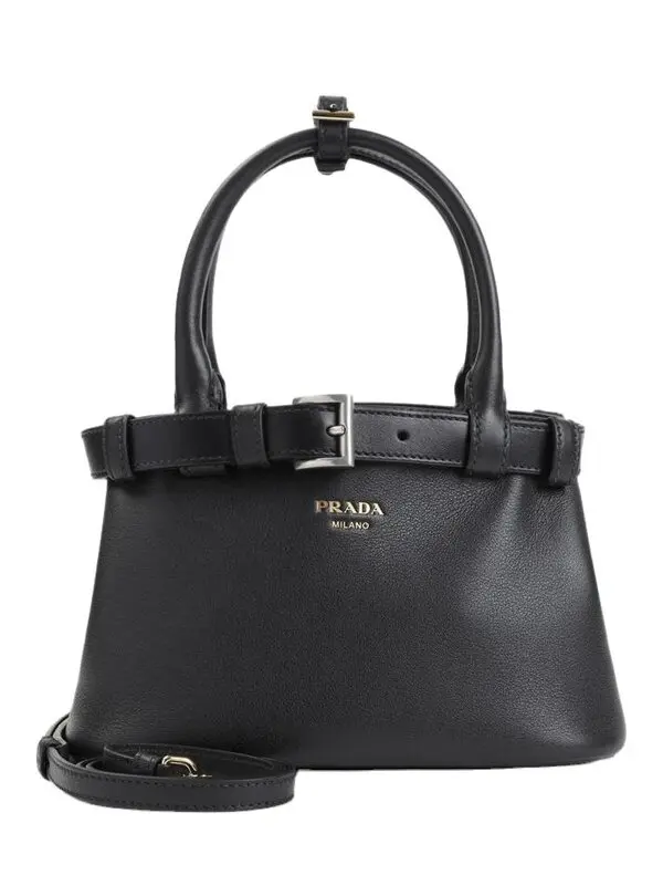 Prada Calf Leather Grained Textured Buckled Shoulder Bag - Black