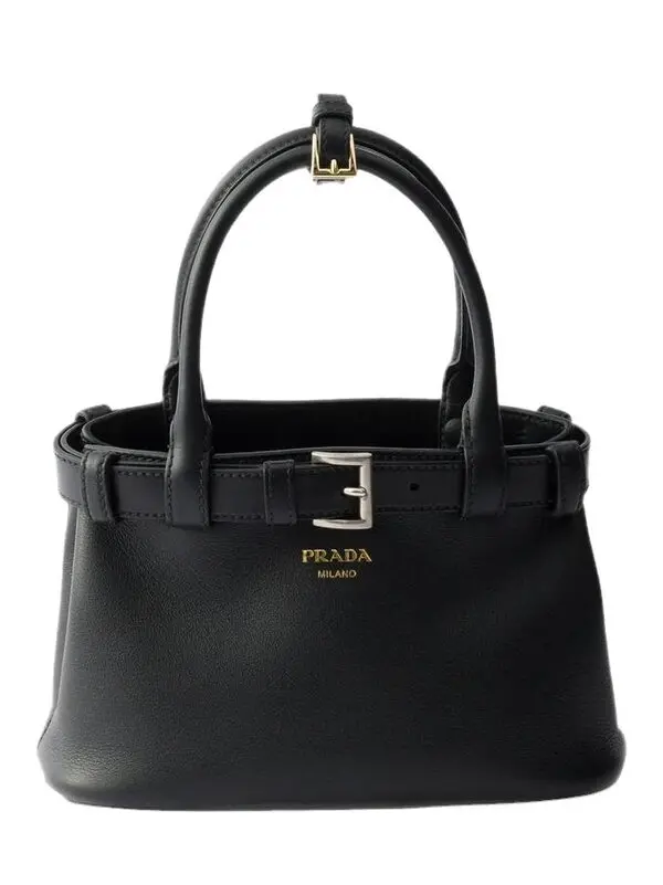 Prada Calf Leather Grained Textured Buckled Shoulder Bag - Black