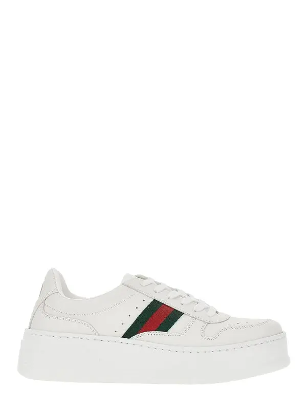 Gucci Oversized Sole Leather Sneakers With Web Ribbon Detail - White