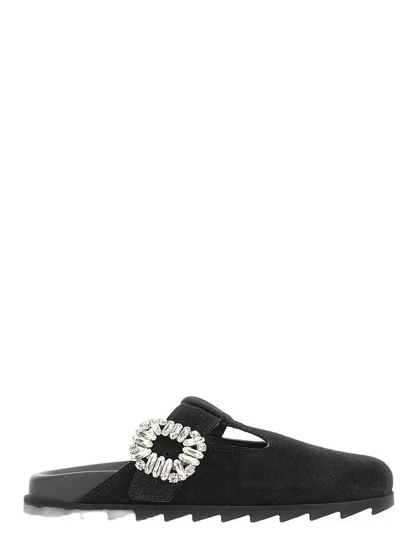ROGER VIVIER Suede Leather Mules With Crystal Buckle - Black