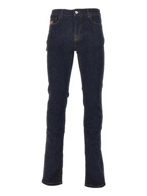 Etro Stretch Denim Roma Fit Jeans With Pegaso Logo Embroidery - Blue