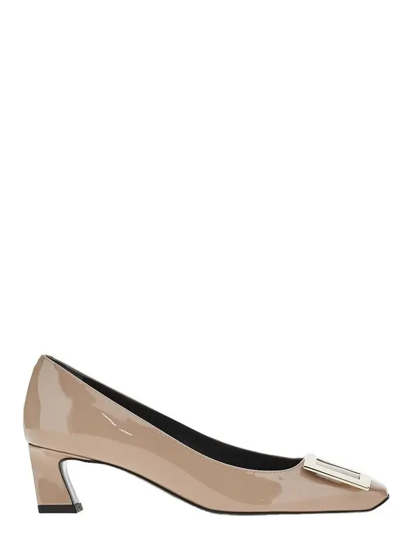 ROGER VIVIER Trompette Patent Leather Square Toe Pumps With Buckle Detail - Cream