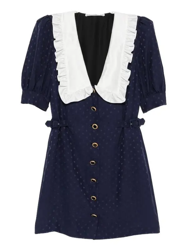 Alessandra Rich Navy Silk Dress With Ruffled Collar - Blue