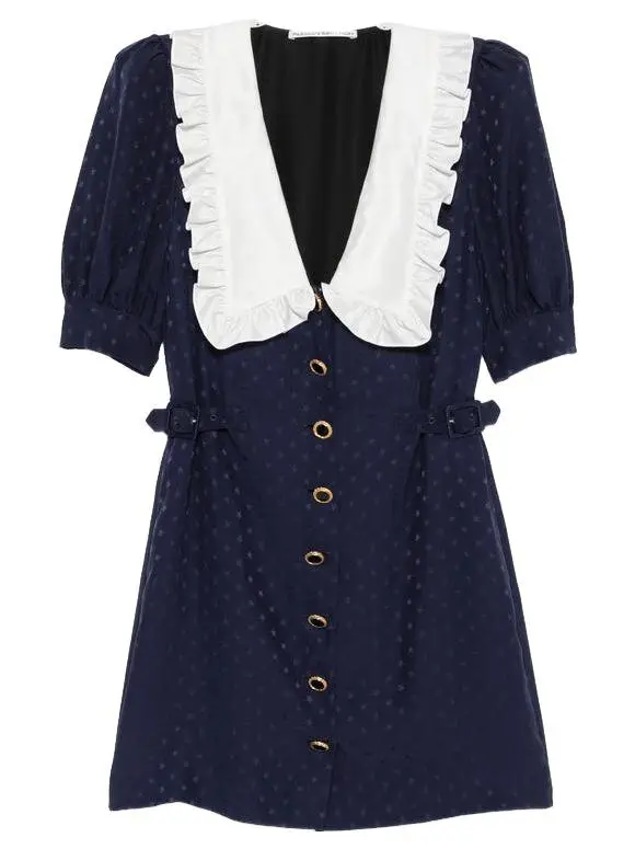 Alessandra Rich Navy Silk Dress With Ruffled Collar - Blue