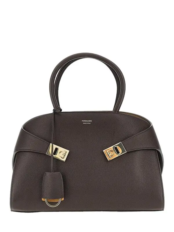 FERRAGAMO Grained Leather Bag With Gancini Buckles - Brown