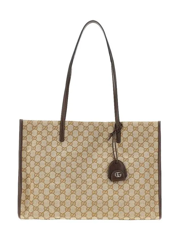 Gucci Jacquard Gg Canvas Leather Trimmed Londra Shopping Bag - Cream