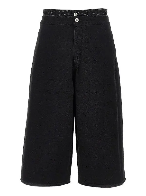 Attico Cropped Wide-leg Denim Pants With Rhinestone Embellishment - Black