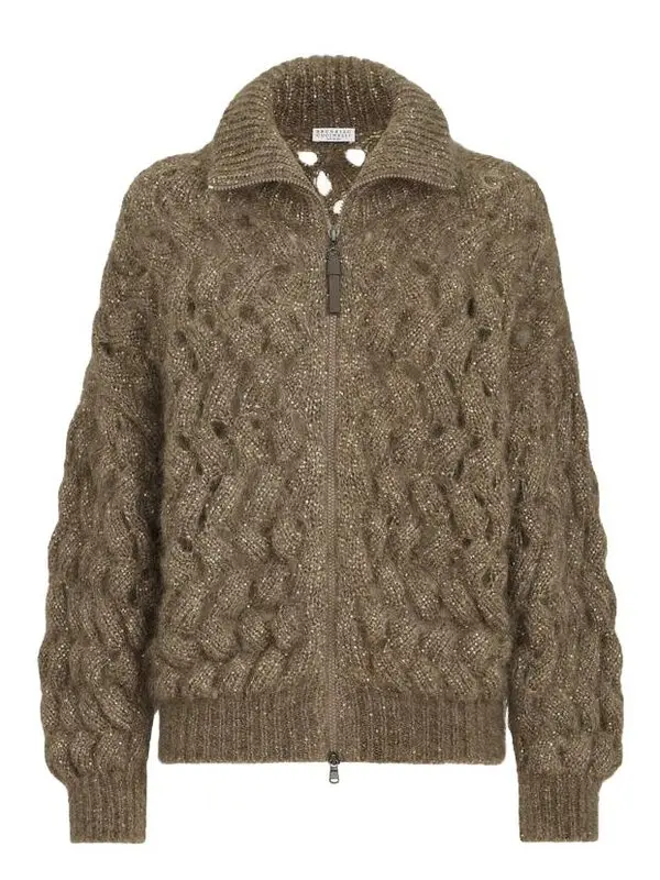 Brunello Cucinelli Zigzag Cable-knit Cardigan With Sequins - Brown