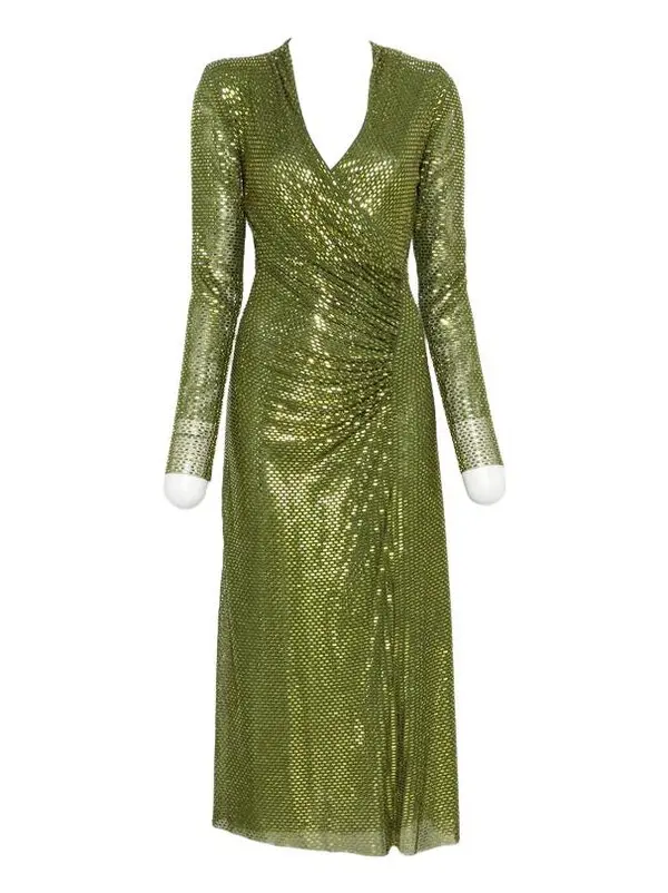 SELF-PORTRAIT Draped Sequin Midi Dress - Green