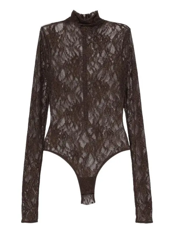 Andamane Dark Lace High Neck Long Sleeve Zip Fastening Bodysuit - Brown