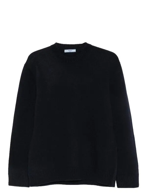 Prada Navy Virgin Wool Crew Neck Knitwear Jumper With Suede Elbow Patches - Blue