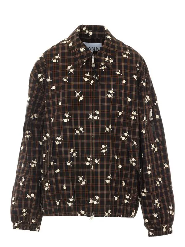 GANNI Printed Check Bomber Jacket - Brown