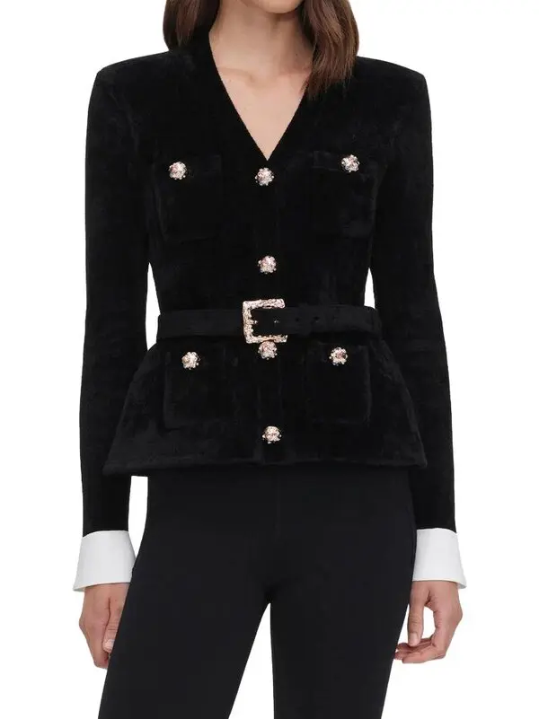 SELF-PORTRAIT Chenille-knit Belted Jacket - Black