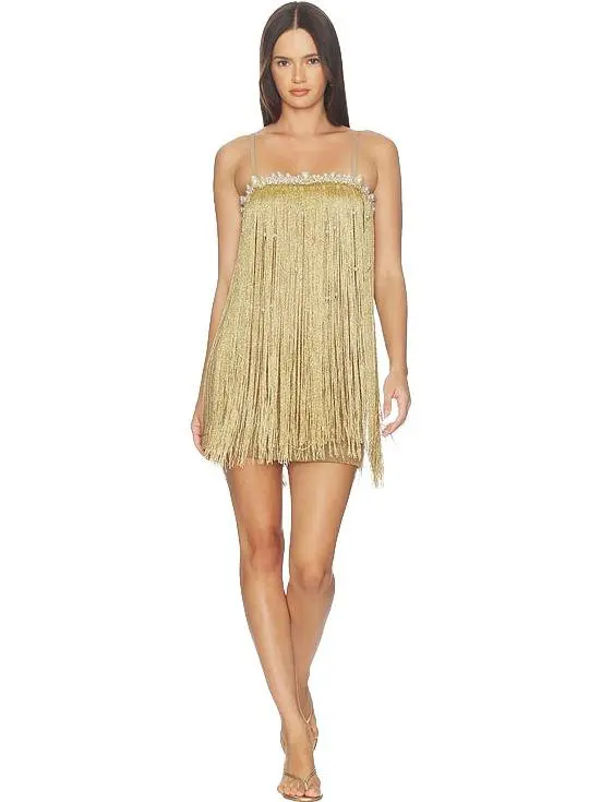 PatBO Aurea Crochet Mini Dress With Fringe And Embellishments - Gold