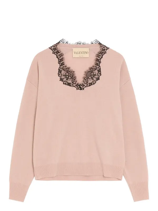 Valentino Garavani Cashmere V-neck Sweater With Lace Trim - Nude