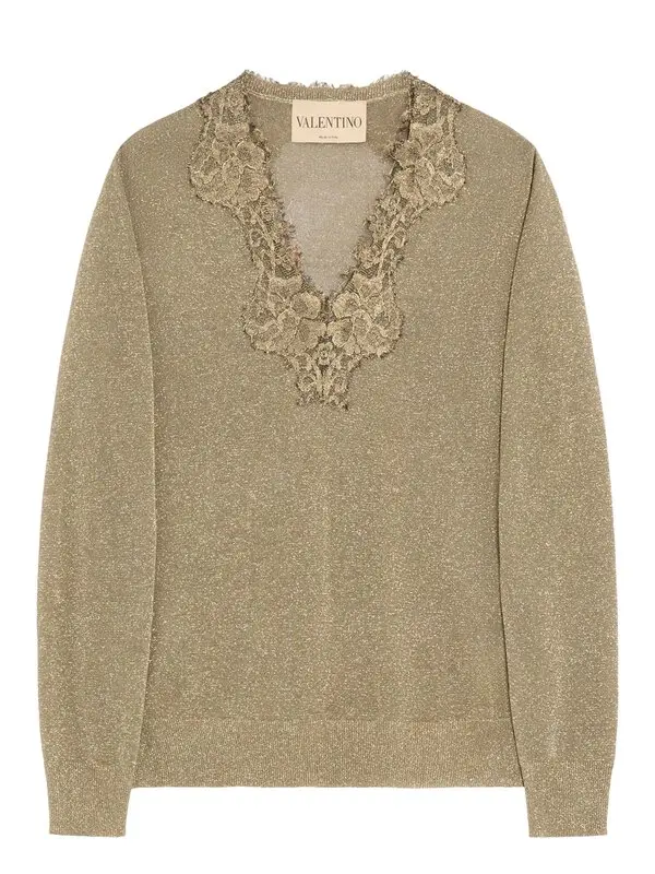 Valentino Garavani Metallic Lace-trimmed V-neck Sweater - Gold