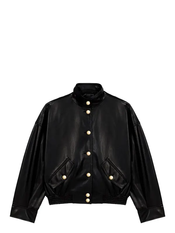 Maje Leather Funnel Neck Jacket With Gold-tone Buttons - Black