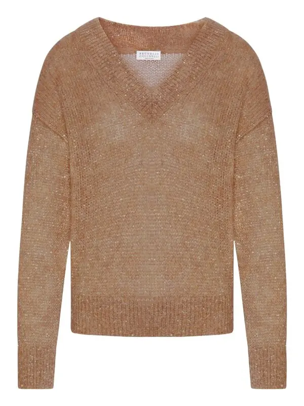 Brunello Cucinelli V-neck Sequined Knit Top - Brown