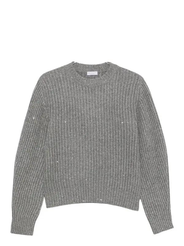Brunello Cucinelli Sequin-embellished Ribbed Crew Neck Long Sleeve Sweater - Gray
