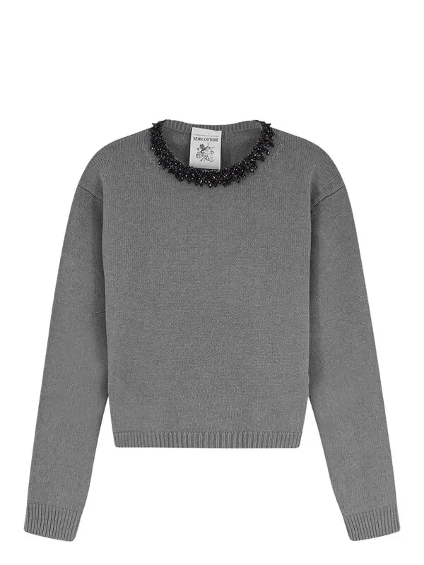 SEMICOUTURE Beaded Neck Knitted Sweater - Grey