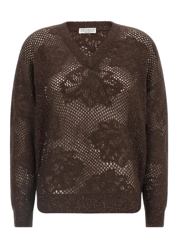 Brunello Cucinelli V-neck Floral Lace Sweater - Black