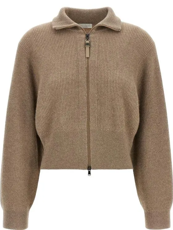 Brunello Cucinelli Ribbed Knit Zip-up Cardigan - Brown