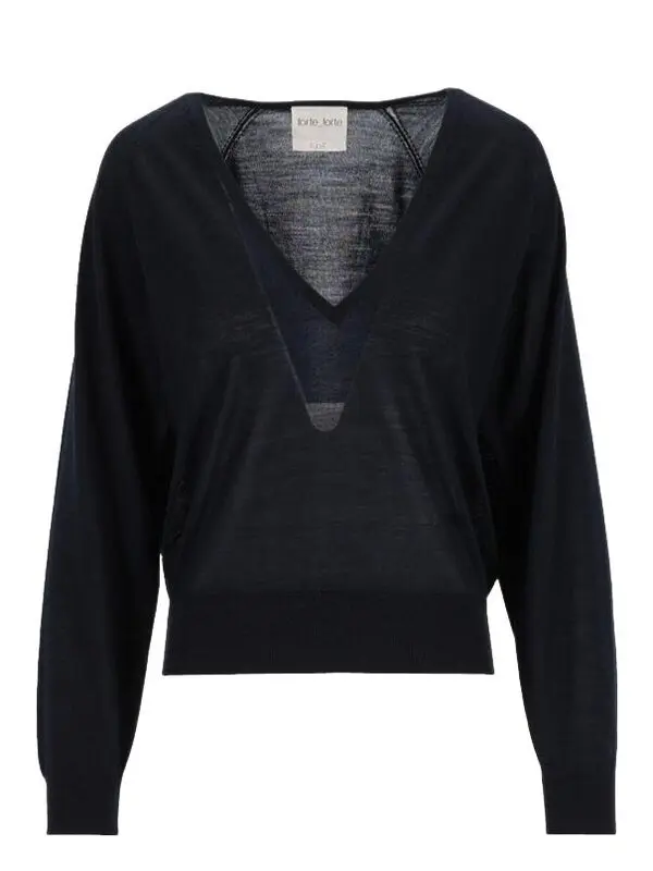 FORTE_FORTE Sheer V-neck Knitted Sweater - Navy