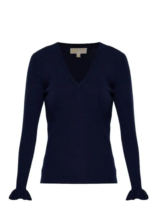 Michael Kors Ruffled V-neck Sweater - Navy Blue