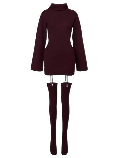 AYA MUSE Cursa Ribbed-knit Wool Turtleneck Mini Dress And Tights Set - Wine Red