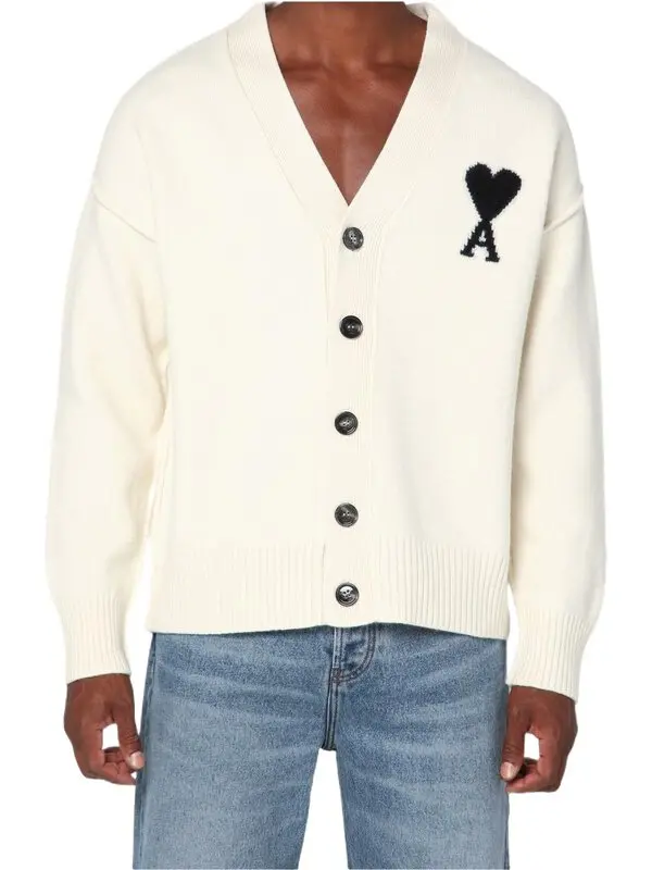 AMI Paris V-neck Cardigan With Graphic Detail - White