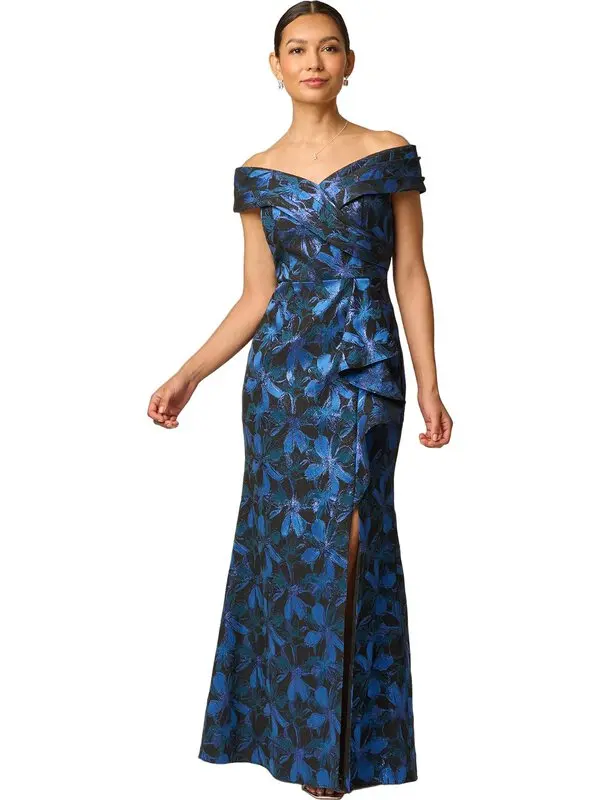 Adrianna Papell Petite Off-the-shoulder Jacquard Gown - Blue Multi