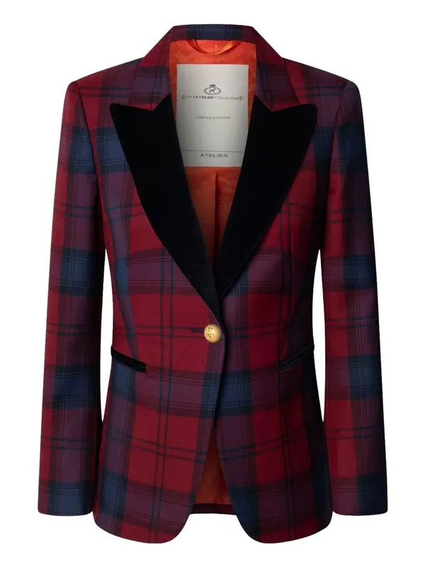 THE EXTREME COLLECTION Checked Wool Blend Blazer With Velvet Lapel - Red/blue/black