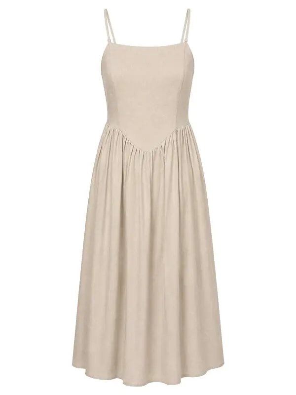 OH!ZUZA NIGHT&DAY Linen Viscose Midi Dress With Corset Back - Beige