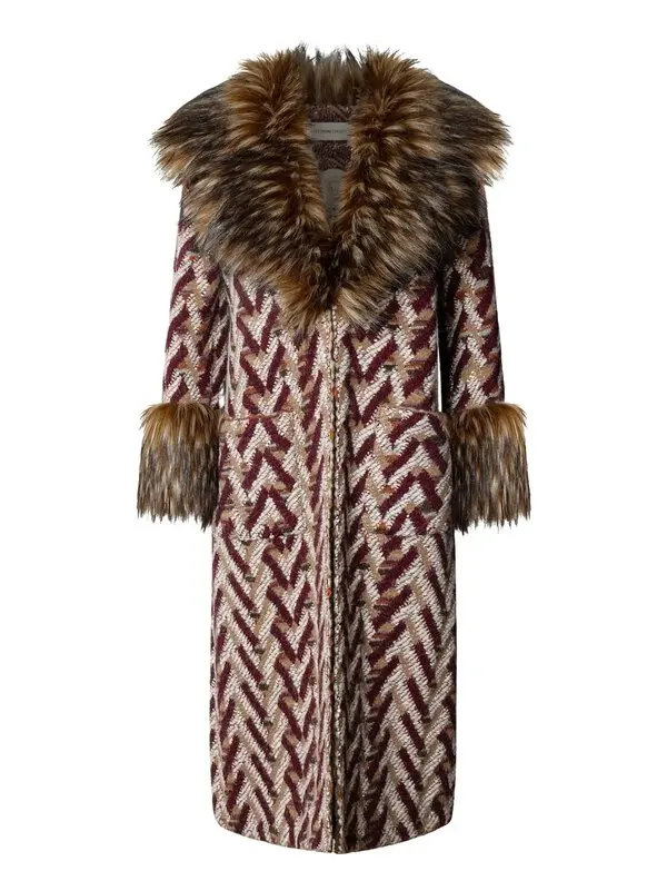 THE EXTREME COLLECTION Flavia Long Knit Coat With Faux Fur Collar And Cuffs - Brown