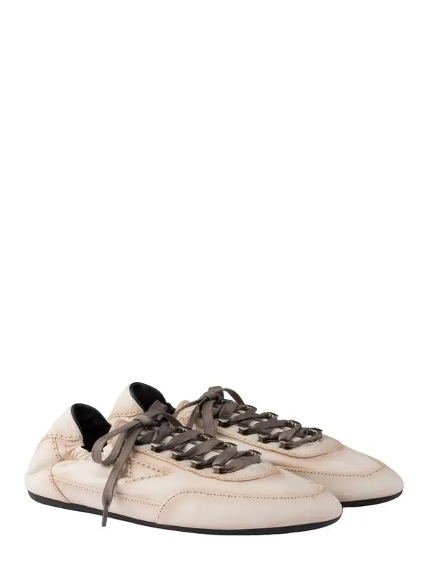 Prada Collapsible Antiqued Nappa Leather Lace-up Sneakers - Neutral