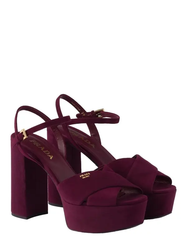 Prada Suede Platform Sandals With Ankle Strap And Logo Buckle - Red