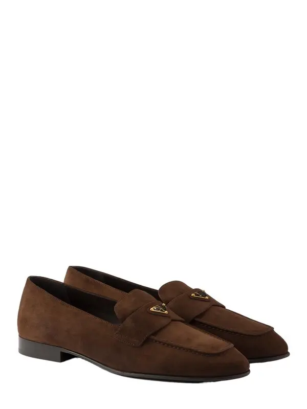 Prada Suede Loafers With Enameled Metal Triangle Logo - Brown