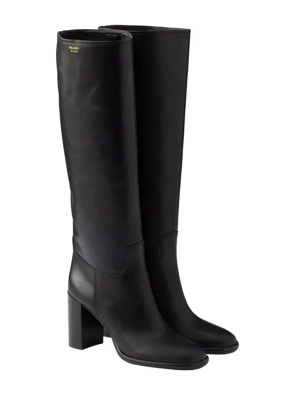 Prada Leather Knee High Boots With Block Heel - Black