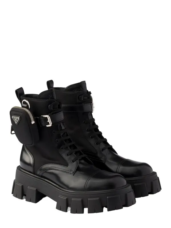 Prada Monolith Leather And Re-nylon Lace-up Booties With Pouch - Black
