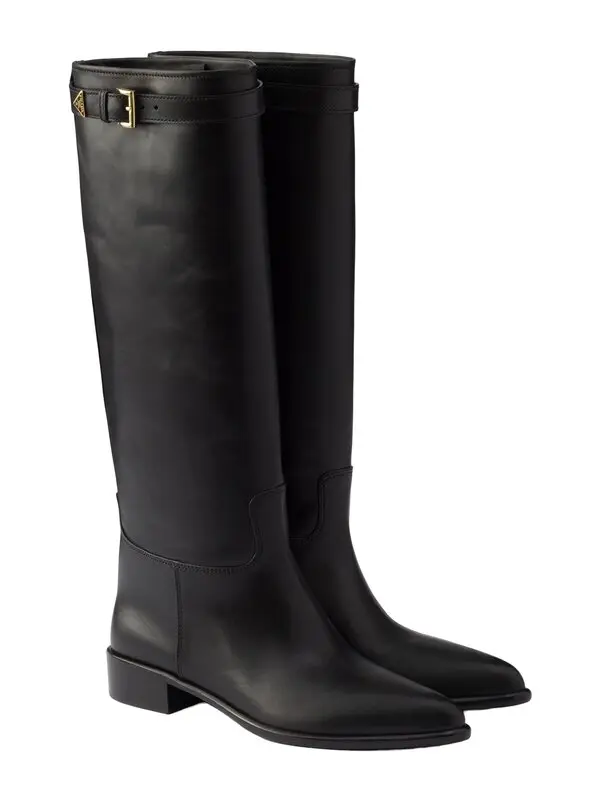Prada Leather Knee-high Boots With Logo Buckle - Black