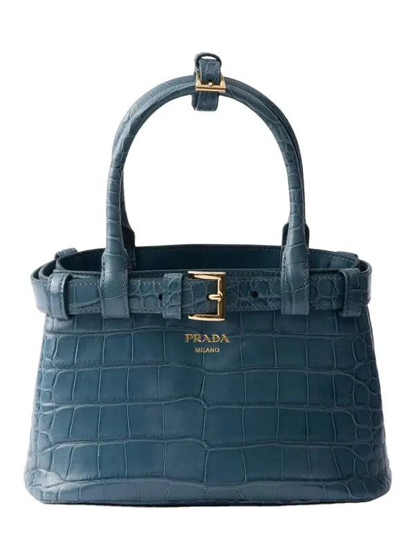 Prada Crocodile Embossed Leather Handbag With Buckle Detail - Blue