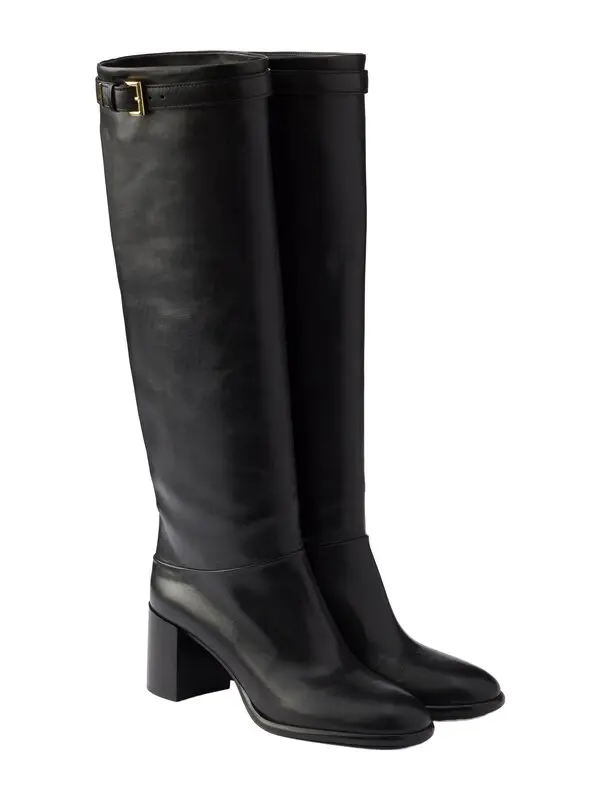 Prada Leather Knee-high Boots With Logo Buckle - Black