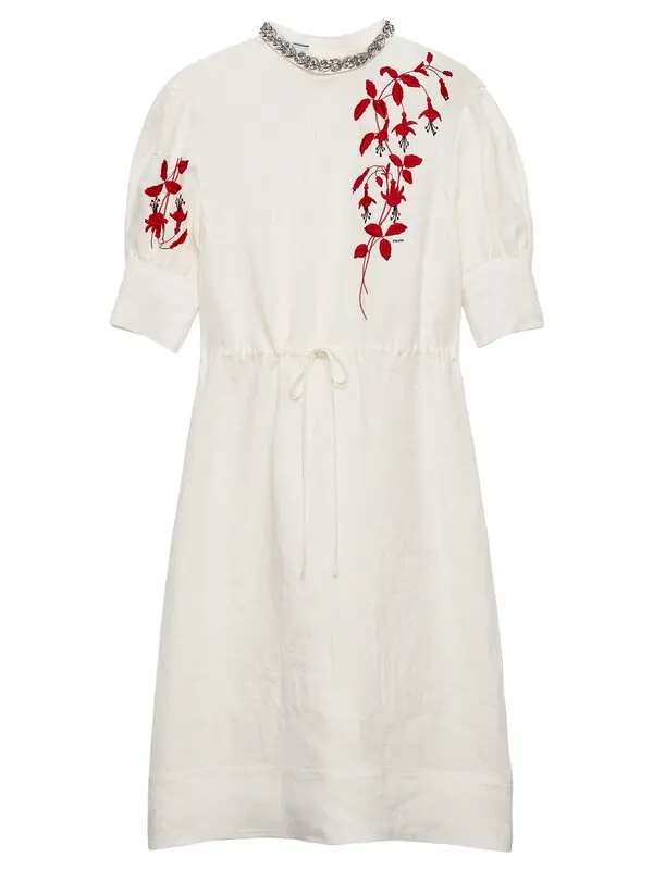 Prada Embroidered Slubbed Fabric Dress - Neutral