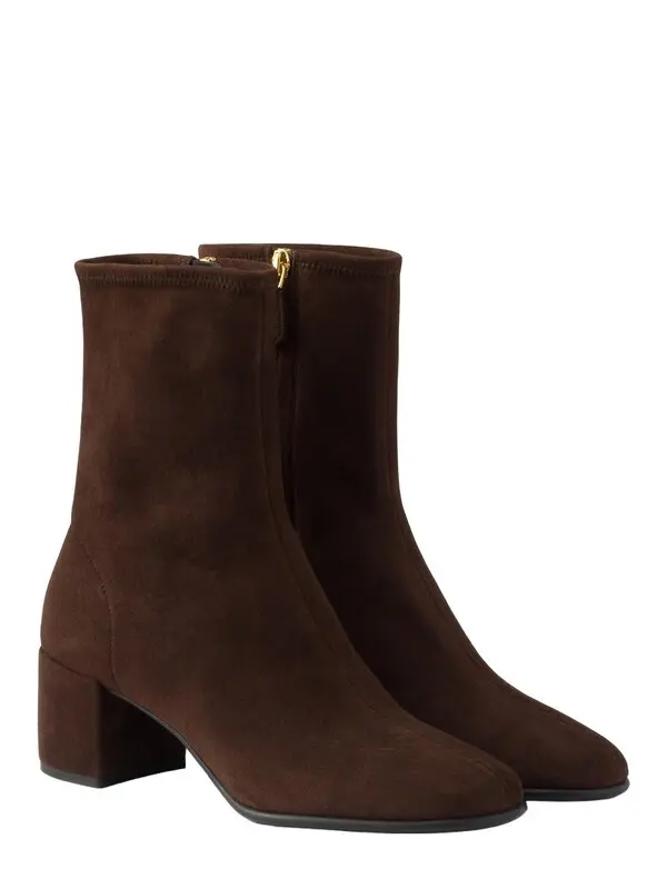 Prada Stretch Suede Ankle Boots With Block Heel - Brown