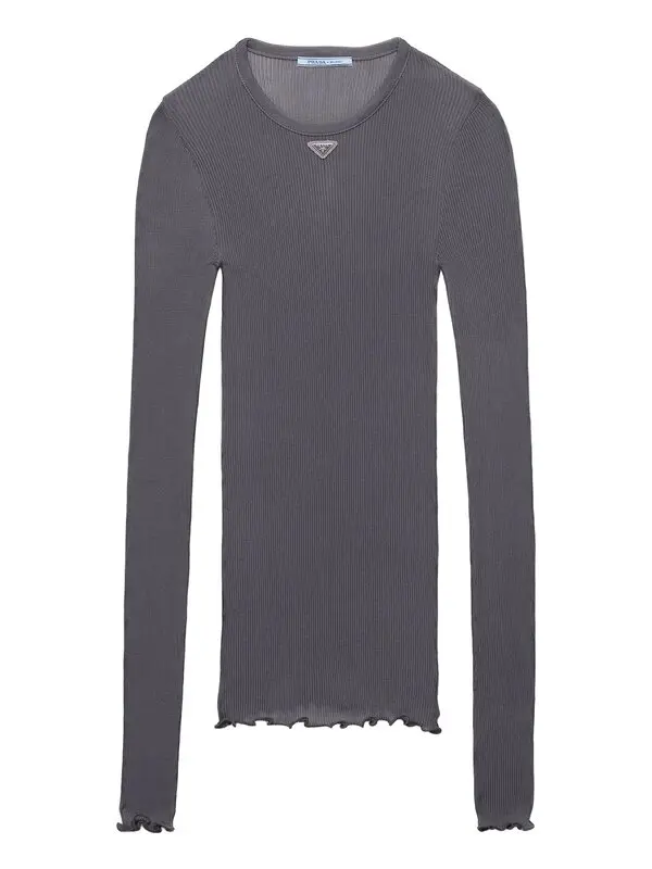 Prada Ribbed Knit Long Sleeve Top - Grey