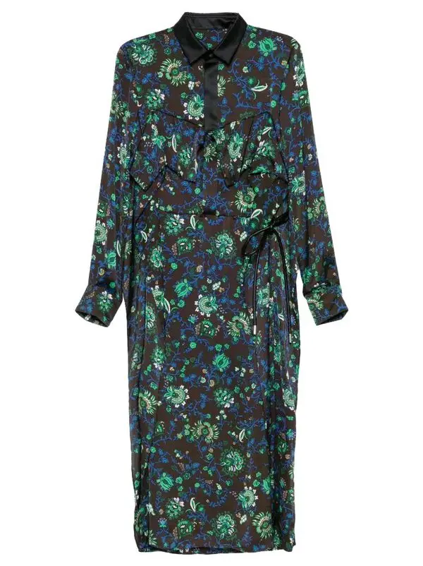 Sacai Floral-print Long Sleeve Dress With Contrast Collar - Brown
